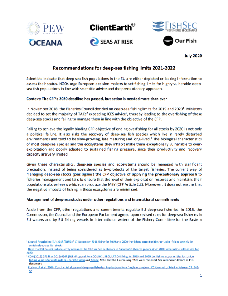 Recommendations for deep-sea fishing limits 2021-2022 - Seas At Risk