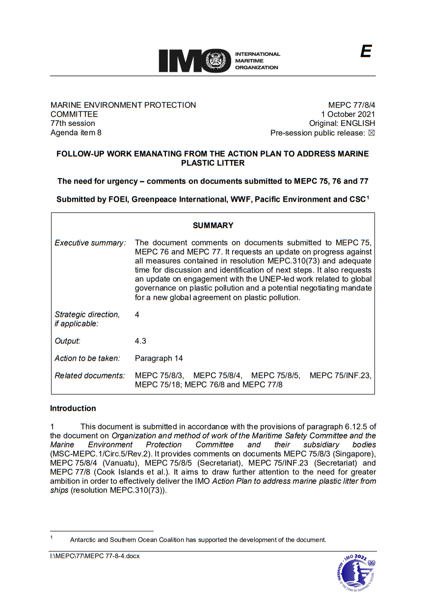 IMO submission - Action plan to address marine plastic litter from ships - Seas At Risk